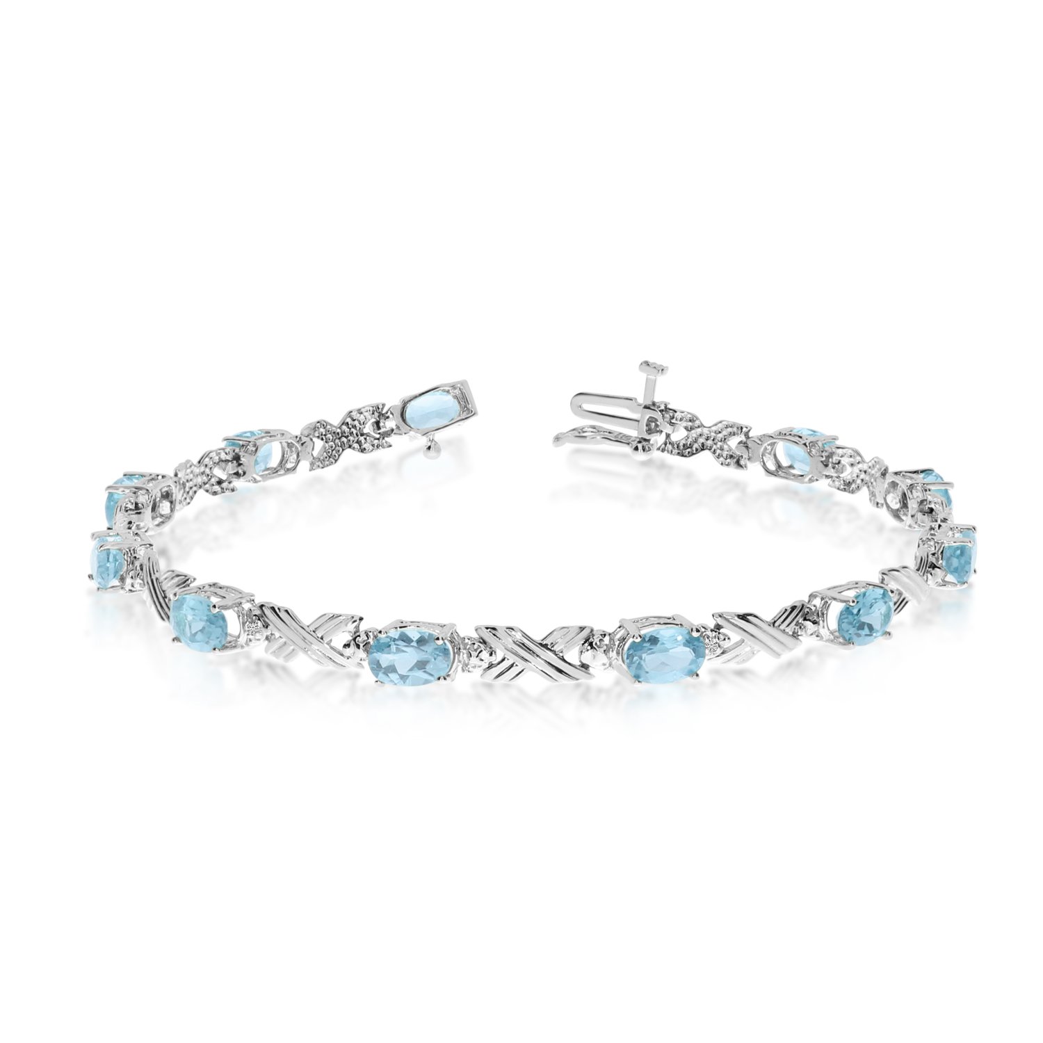 10K White Gold Oval Aquamarine and Diamond Bracelet (7 Inch Length)