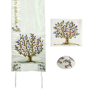 yair emanuel multicolor tree of life design embroidered raw silk white tallit set