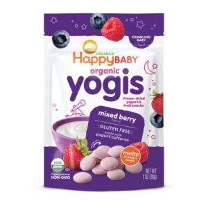 happy baby organics baby snacks, yogis, freeze dried yogurt & fruit snacks, gluten free snack for babies 9+ months, mixed berry, 1 ounce (pack of 1)