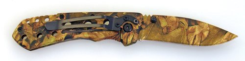 Camouflaged Handled Hunting Knife with a single 7-1/4 Folding Straight Edge Camouflaged Smooth Blade made of 440 Stainless Steel