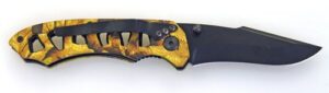 camouflaged handled hunting knife with a single 7-1/2 folding straight edge black smooth blade made of 440 stainless steel