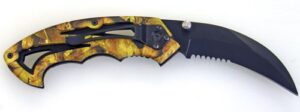 camouflaged handled hunting knife with a single 7-5/8 folding curved edge black serrated blade made of 440 stainless steel