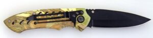 camouflaged handled hunting knife with a single 7-1/2 folding straight edge black smooth blade made of 440 stainless steel