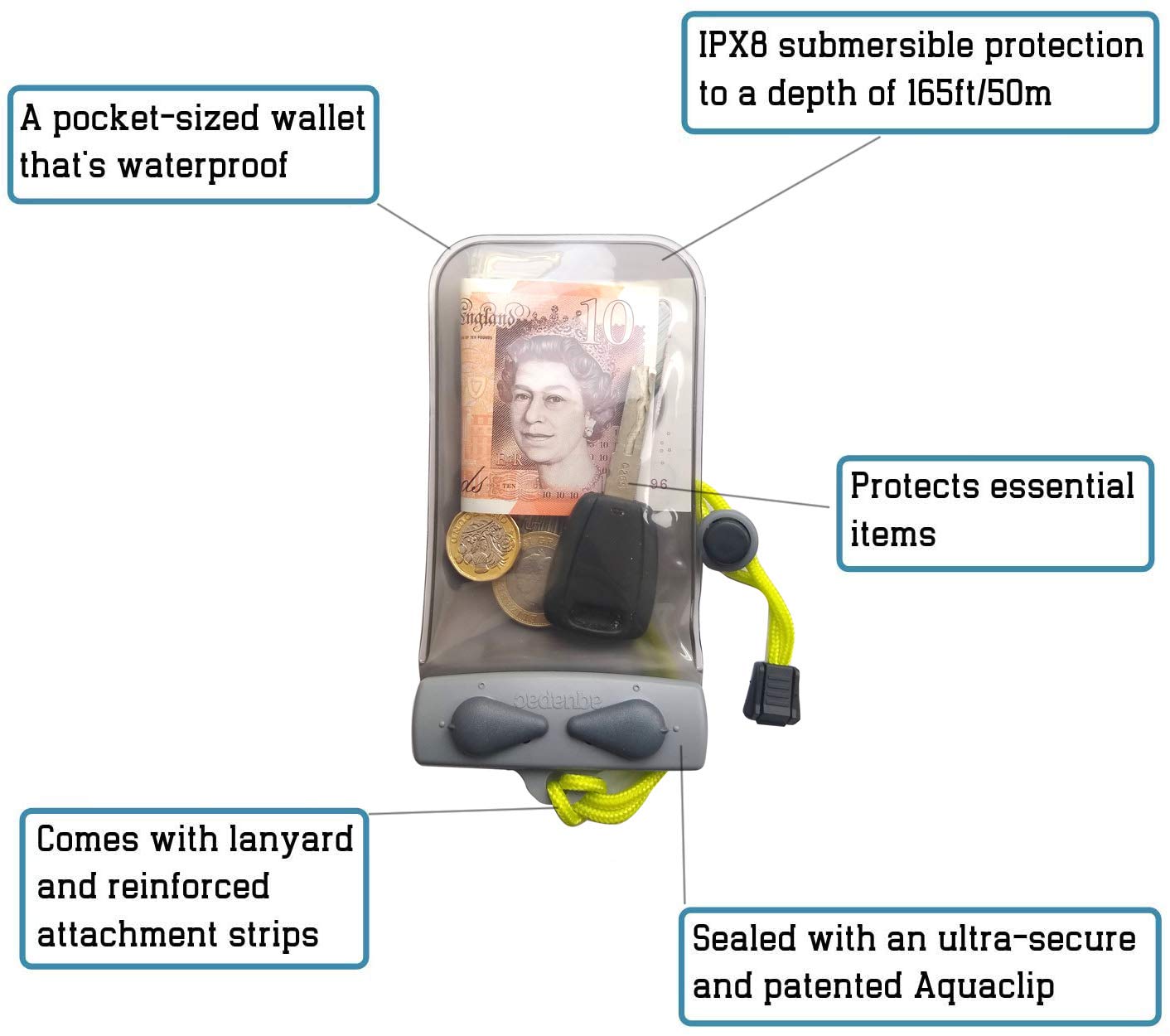 Aquapac Keymaster Waterproof Car Key Pouch for Swimming, Surfing or Kayaking - Underwater Waterproof Money Holder - Clear Plastic Carrier Pouch Camping Accessories - Universal Waterproof Card Case