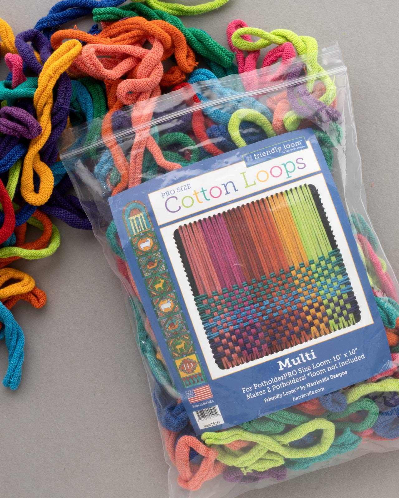 Harrisville Designs Friendly Loom Potholder Cotton Loops 10 Inch Pro Size Loops Make 2 Potholders, Weaving Crafts for Kids and Adults-Multi