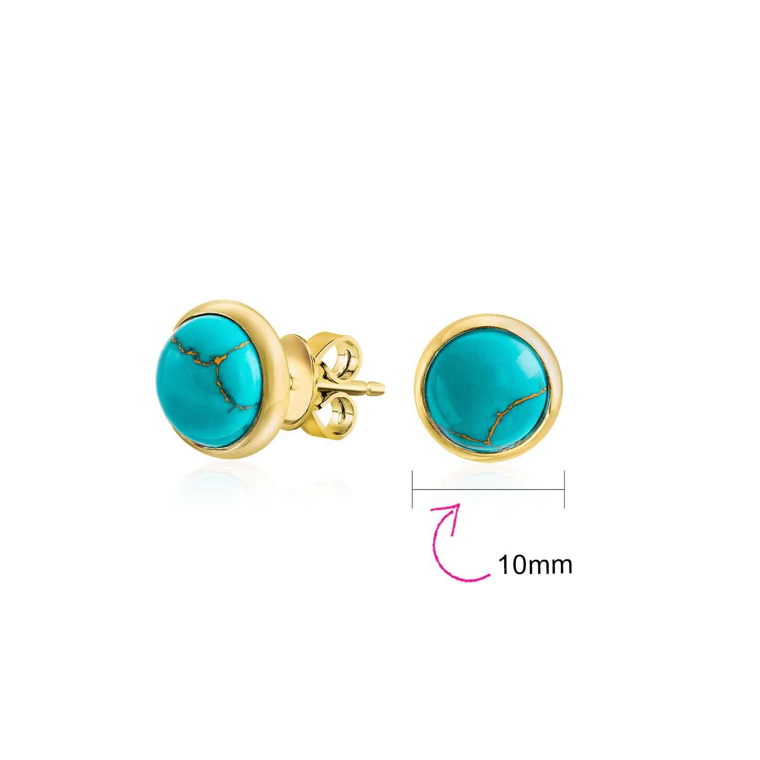 Simple Blue Compressed Blue Turquoise Bezel Set Round Dome Button Stud Earrings For Women 14K Gold Plated .925 Sterling Silver