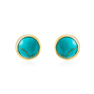 Simple Blue Compressed Blue Turquoise Bezel Set Round Dome Button Stud Earrings For Women 14K Gold Plated .925 Sterling Silver