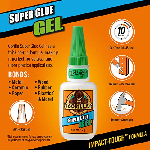 Gorilla Super Glue Gel, 15 Gram, Clear, (Pack of 1)