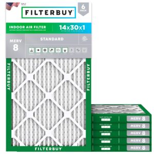 filterbuy 14x30x1 air filter merv 8 dust defense (6-pack), pleated hvac ac furnace air filters replacement (actual size: 13.88 x 29.88 x 0.75 inches)