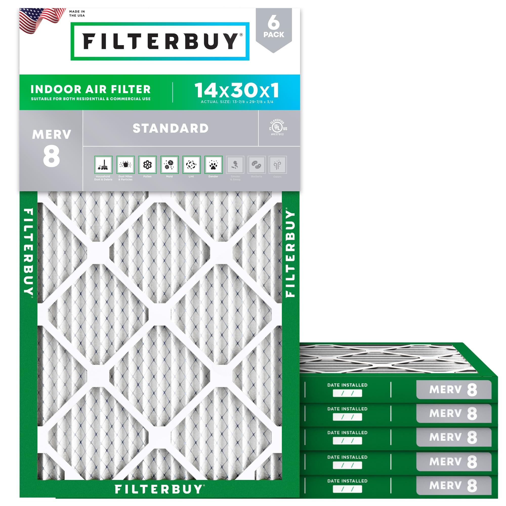 Filterbuy 14x30x1 Air Filter MERV 8 Dust Defense (6-Pack), Pleated HVAC AC Furnace Air Filters Replacement (Actual Size: 13.88 x 29.88 x 0.75 Inches)