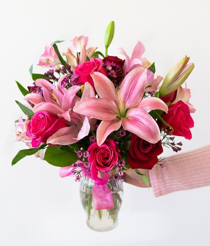 DELIVERY BY FRIDAY, 8/2 GUARANTEED IF ORDER PLACED BY 8/1 BEFORE 2PM EST From You Flowers - Rose and Lily Bouquet with Glass Vase (Fresh Flowers) Birthday, Anniversary, Get Well, Sympathy,