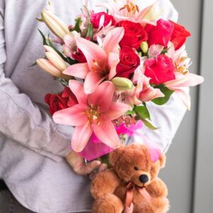 DELIVERY BY FRIDAY, 8/2 GUARANTEED IF ORDER PLACED BY 8/1 BEFORE 2PM EST From You Flowers - Rose and Lily Bouquet with Glass Vase (Fresh Flowers) Birthday, Anniversary, Get Well, Sympathy,