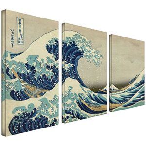 art wall 3-piece the great wave off kanagawa by katsushika hokusai gallery wrapped canvas artwork, 24 by 36-inch