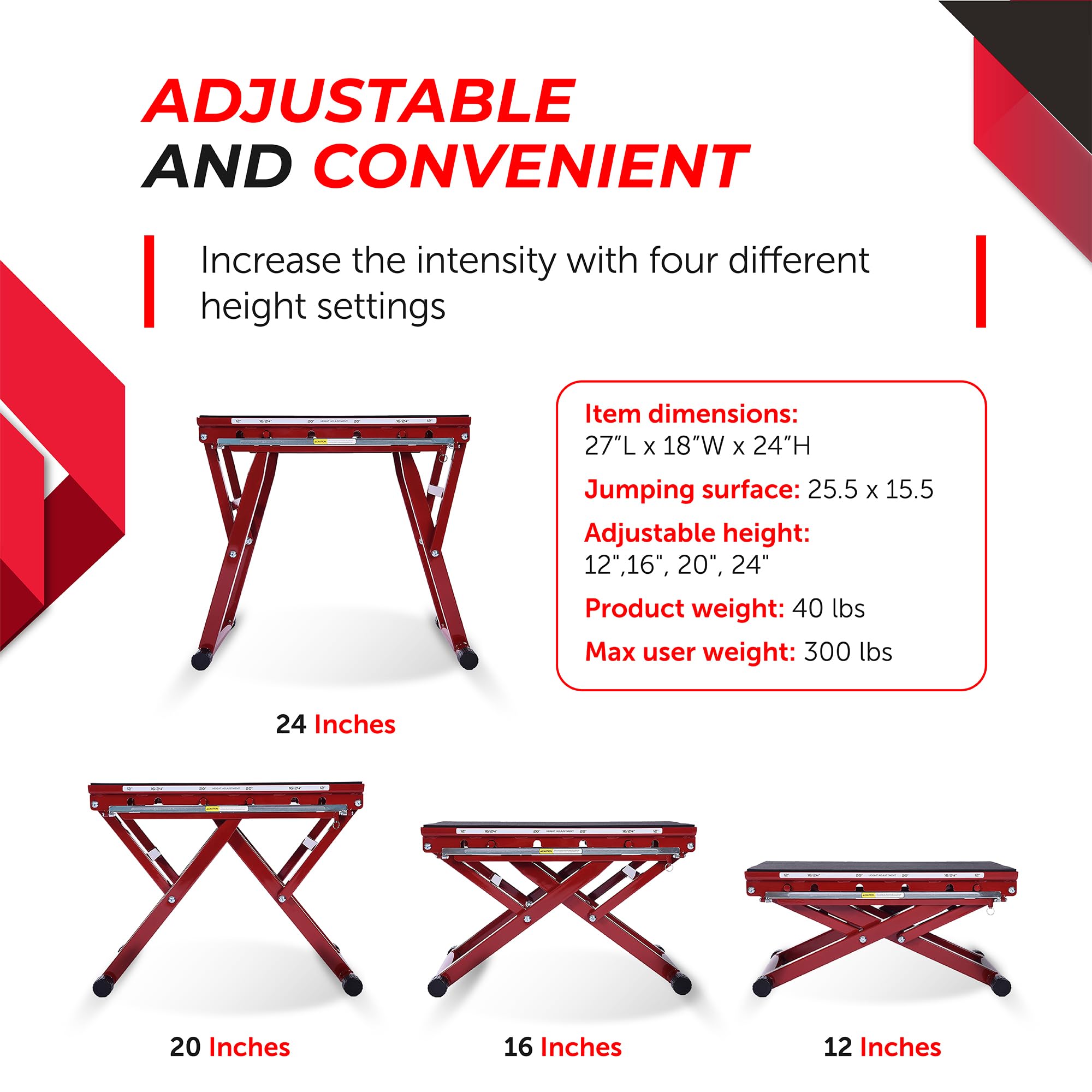 Stamina X Plyo Box - Adjustable Height 12”-24” Workout Box - Step Up Exercise Platform for Home Workout - Up to 300 lbs Weight Capacity