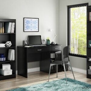 South Shore Small Computer Desk with Drawers, Pure Black