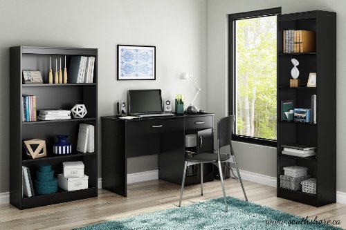 South Shore Small Computer Desk with Drawers, Pure Black