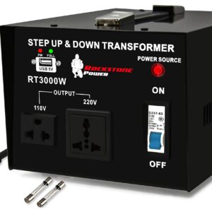 ROCKSTONE POWER 3000 Watt Voltage Converter Transformer - Heavy Duty Step Up/Down AC 110V/120V/220V/240V Power Converter - Circuit Breaker Protection – DC 5V USB Port - CE Certified [3-Year Warranty]