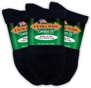 extra wide comfort fit athletic quarter socks (pack of 3) fits up to a 6e width, made in usa (large, black)