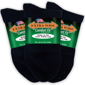 Extra Wide Comfort Fit Athletic Quarter Socks (Pack of 3) Fits Up to a 6E Width, Made in USA (Large, Black)