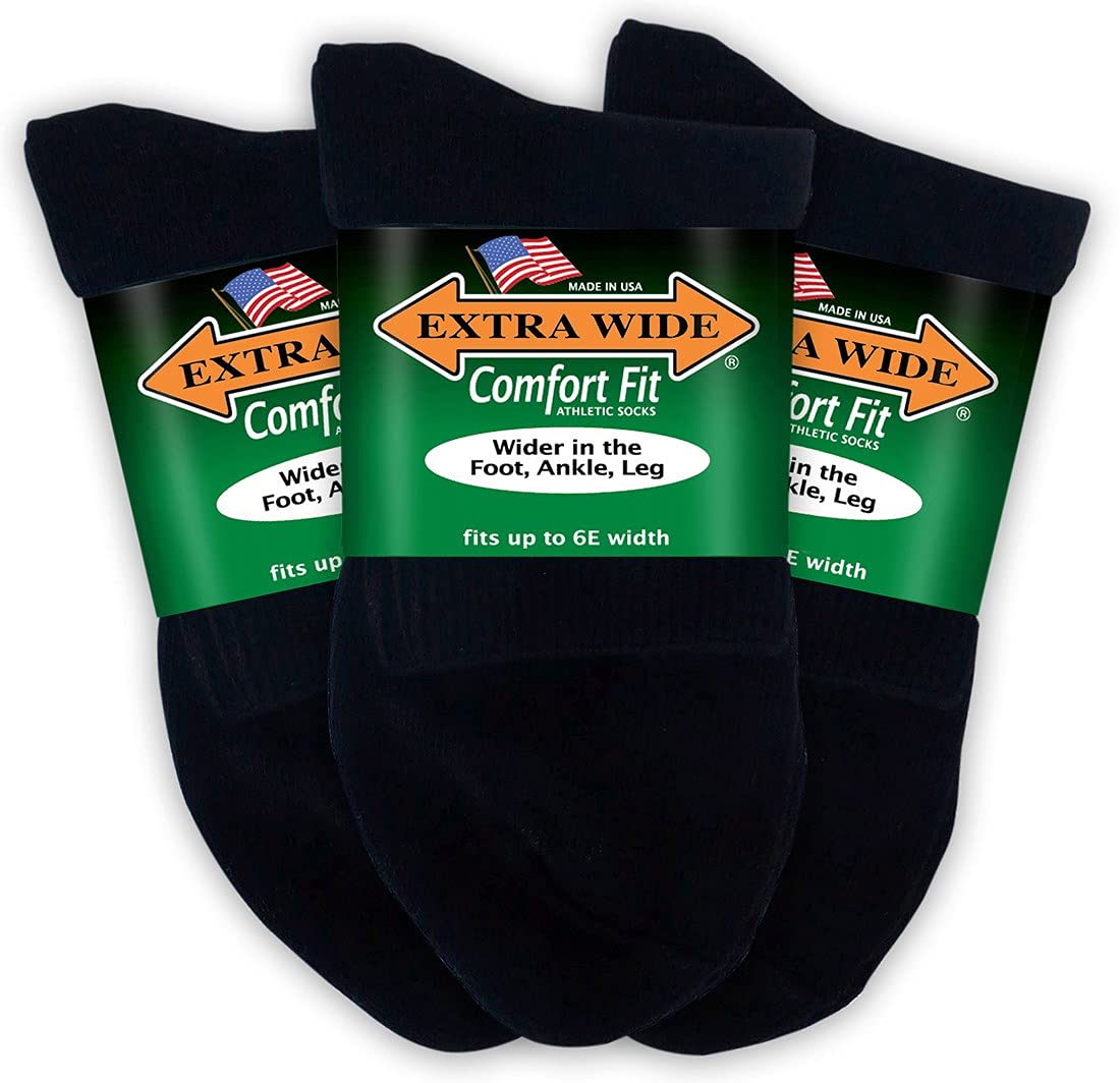 Extra Wide Comfort Fit Athletic Quarter Socks (Pack of 3) Fits Up to a 6E Width, Made in USA (Large, Black)