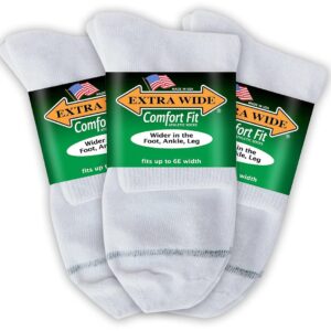 Extra Wide Comfort Fit Athletic Quarter Socks (Pack of 3) Fits Up to a 6E Width, Made in USA (X-Large, White)