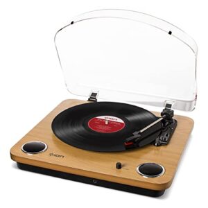 ion audio max lp – vinyl record player / turntable with built in speakers, usb output for conversion and three playback speeds – natural wood finish