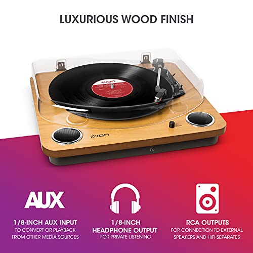 ION Audio Max LP – Vinyl Record Player / Turntable with Built In Speakers, USB Output for Conversion and Three Playback Speeds – Natural Wood Finish