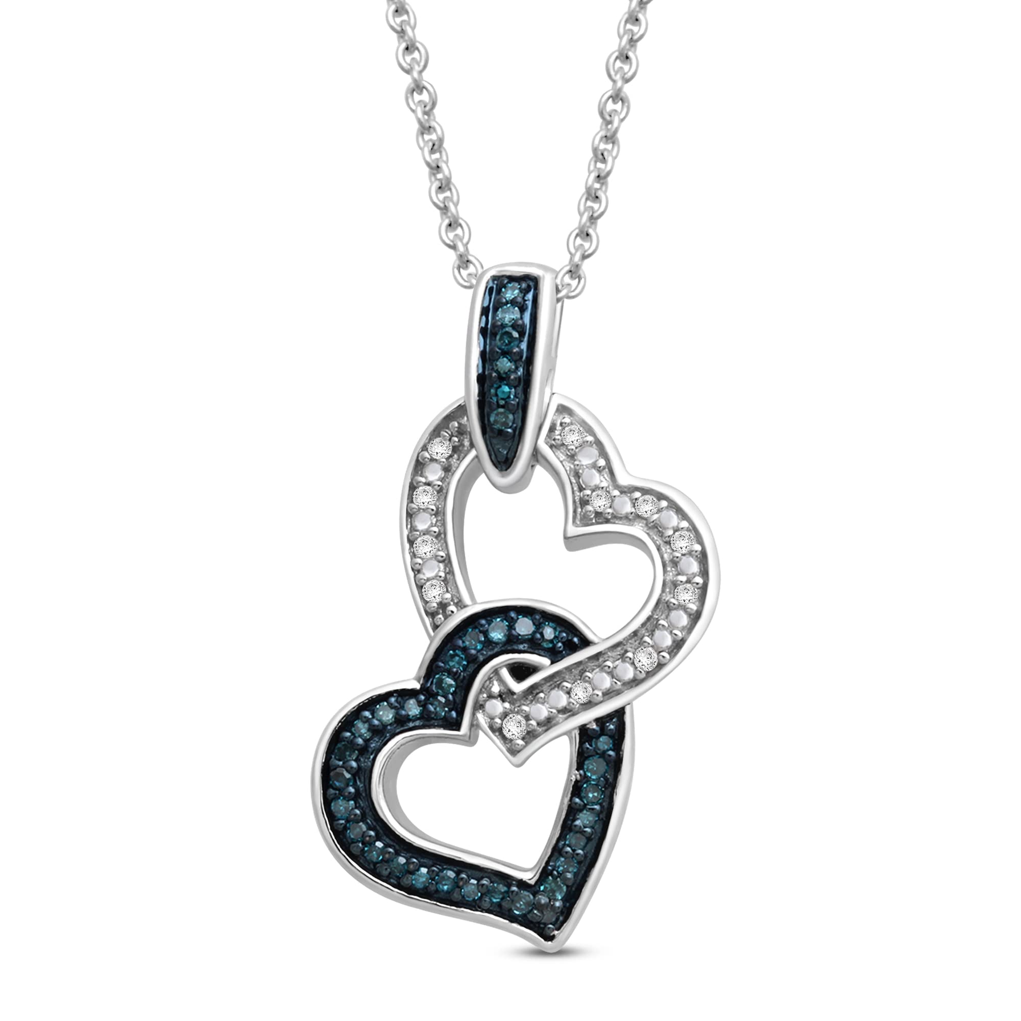 Jewelili Double Heart Necklace Pendant with Treated Blue and Natural White Round Diamonds in Sterling Silver 1/6 CTTW 18 inch Cable Chain