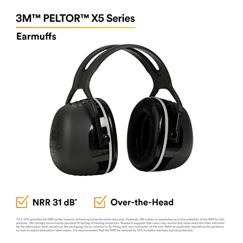 3M PELTOR X5A Over-the-Head Ear Muffs, Noise Protection, NRR 31 dB, Construction, Manufacturing, Maintenance, Automotive, Woodworking, Heavy Engineering, Mining, Black