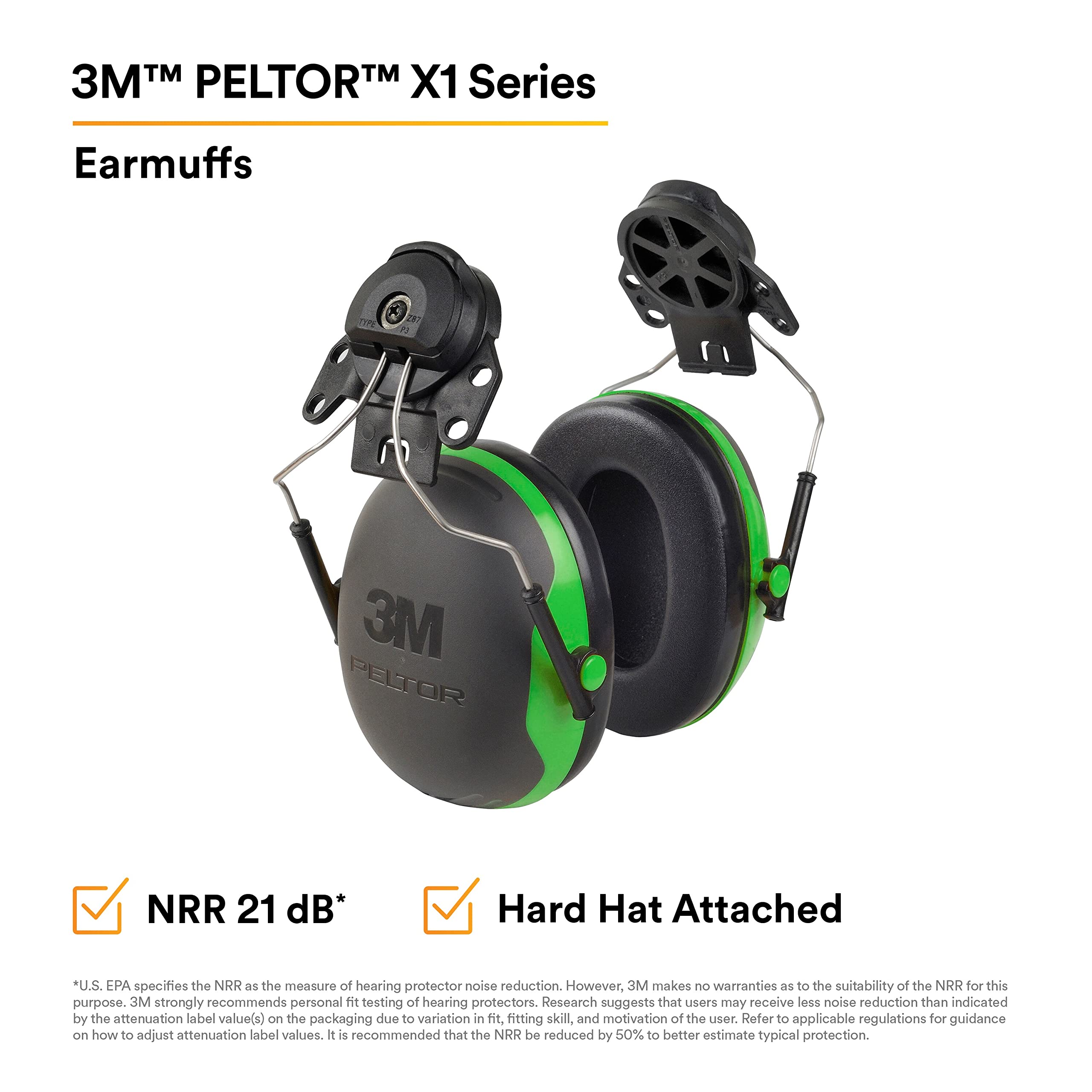 3M PELTOR Ear Muffs, Noise Protection, Hard Hat Attachment, NRR 21 dB, Construction, Manufacturing, Maintenance, Automotive, Woodworking, X1P3E,Black/Green