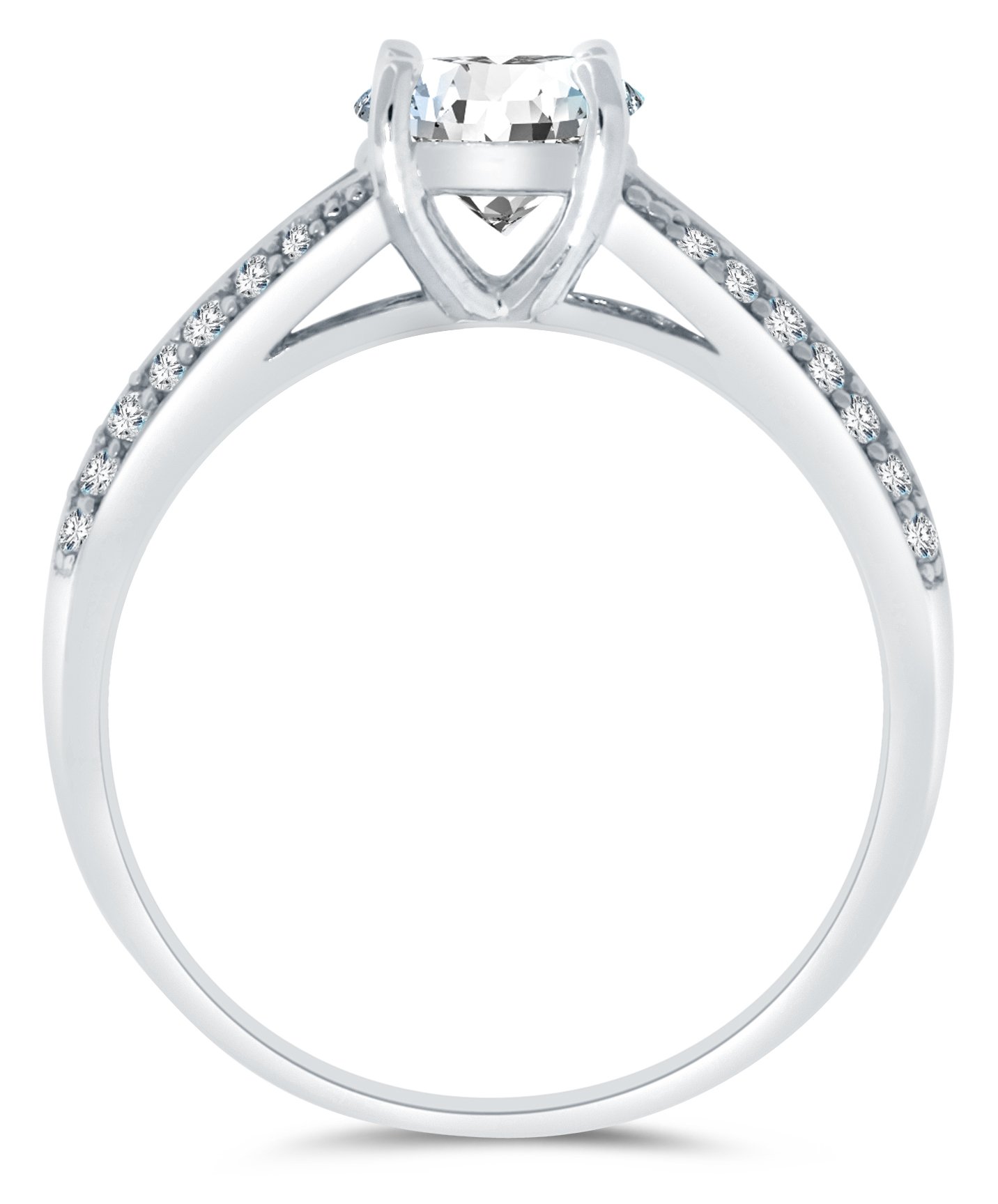 Size 8 - Solid 14k White Gold CZ Cubic Zirconia Engagement Ring - Round Brilliant Cut Solitaire with Round Side Stones (1.5cttw., 1.0ct. Center)