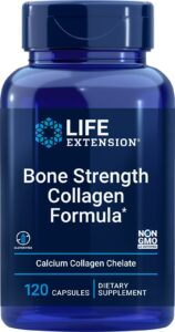 life extension bone strength collagen formula, calcium collagen chelate, calcium fructoborate, vitamin d3, magnesium citrate, silicon, dried plum extract, boron, gluten-free, non-gmo, 120 capsules