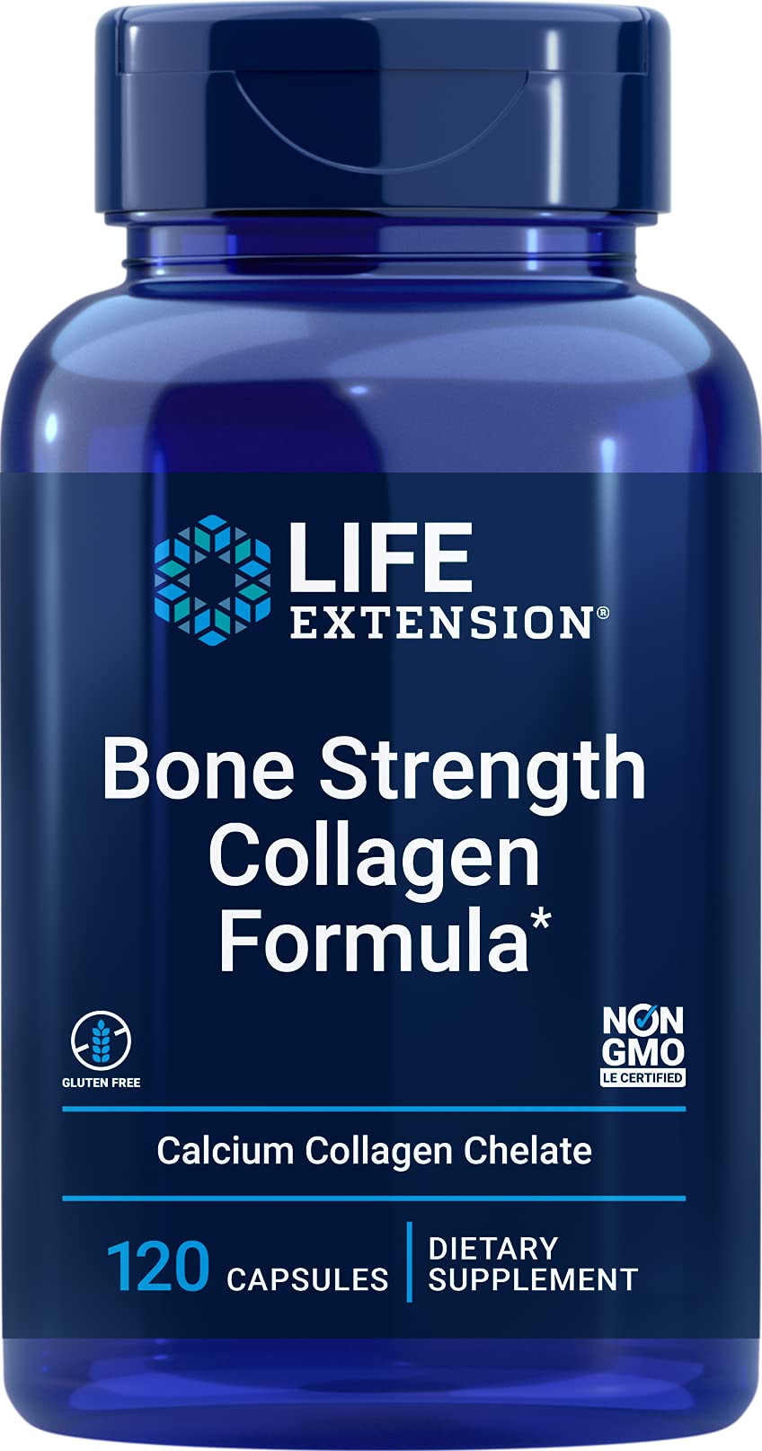 Life Extension Bone Strength Collagen Formula, calcium collagen chelate, calcium fructoborate, vitamin D3, magnesium citrate, silicon, dried plum extract, boron, gluten-free, non-GMO, 120 capsules