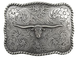 h8143 western antique silver texas longhorn steer head belt buckle (antique silver)