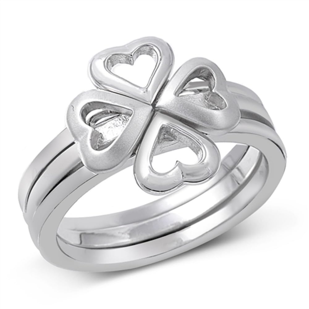 925 Sterling Silver Two-Piece Stackable Four Leaf Clover Heart Ring Size 5