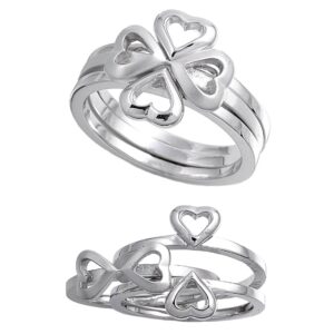 925 Sterling Silver Two-Piece Stackable Four Leaf Clover Heart Ring Size 5