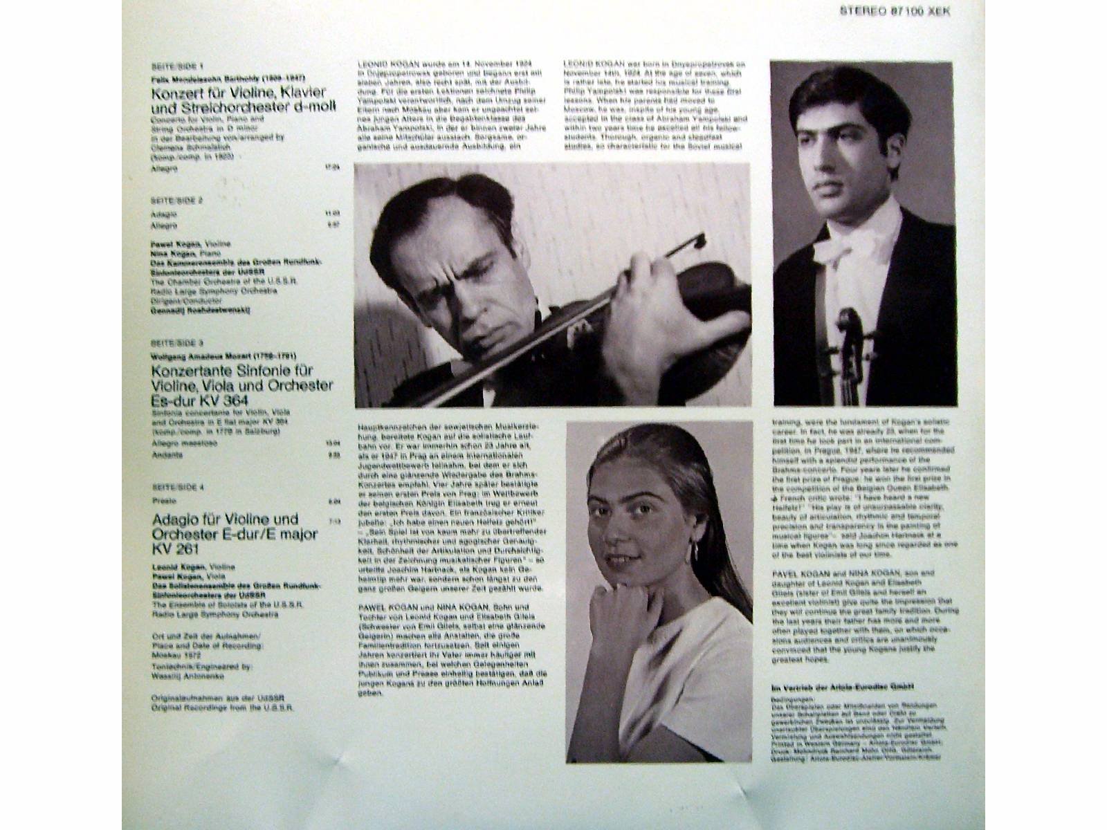 MENDELSSOHN DOPPELKONZERT FÜR VIOLINE, KLAVIER & ORCHESTER MOZART / SINFONIA CONCERTANTE KV364 & ADAGIO KV 261 [Vinyl LP record]