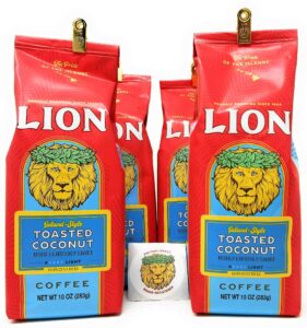 lion coffee toasted coconut, ground, light roast, four 10 ounce bags with exclusive lion coffee factory direct brand registered sticker, island-style (pack of 4)