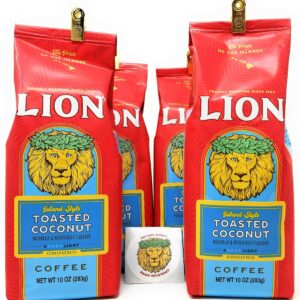 Lion Coffee TOASTED COCONUT, Ground, Light Roast, Four 10 Ounce Bags with Exclusive Lion Coffee Factory Direct Brand Registered Sticker, ISLAND-STYLE (pack of 4)