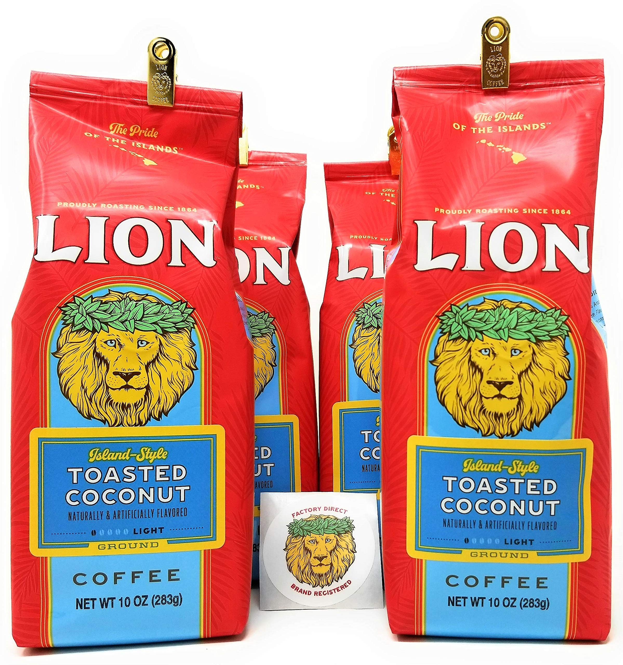 Lion Coffee TOASTED COCONUT, Ground, Light Roast, Four 10 Ounce Bags with Exclusive Lion Coffee Factory Direct Brand Registered Sticker, ISLAND-STYLE (pack of 4)