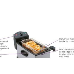 Salton Stainless Steel Deep Fryer, 3 Liter Oil Capacity with Wire Mesh Basket, Adjustable Temperature Control and Ready Lights, Completely Detachable Parts for Easy Clean Up, 1700 Watts (DF1233), 3L