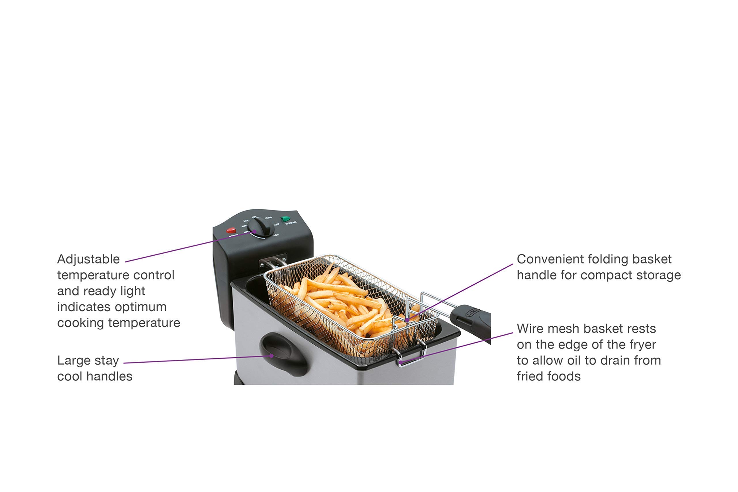 Salton Stainless Steel Deep Fryer, 3 Liter Oil Capacity with Wire Mesh Basket, Adjustable Temperature Control and Ready Lights, Completely Detachable Parts for Easy Clean Up, 1700 Watts (DF1233), 3L