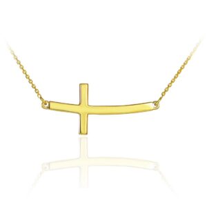 14k yellow gold curved pendant sideways cross necklace with 20" rolo chain