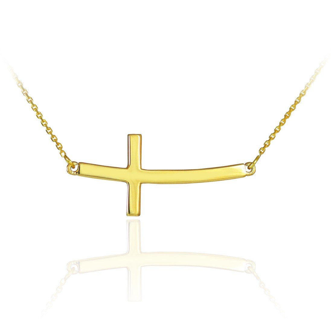 14K Yellow Gold Curved Pendant Sideways Cross Necklace with 20" Rolo Chain