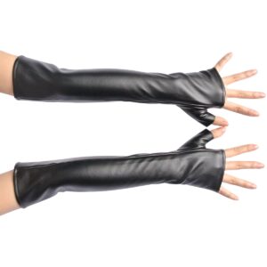 navadeal black pu faux leather long arm warmer dress up fingerless gloves halloween costume party cosplay