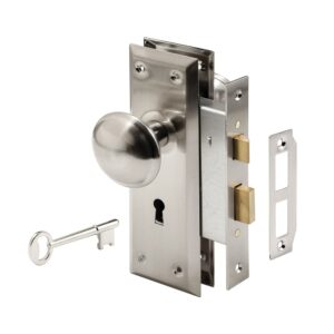 prime-line e 2330 mortise keyed lock set with satin nickel knob – perfect for replacing broken antique lock sets and more, fits 1-3/8 in.-1-3/4 in. interior doors, satin nickel (single pack)