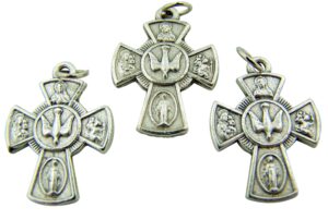 silver tone rosary part 4-way cross with holy dove center pendant charm, 7/8-inch