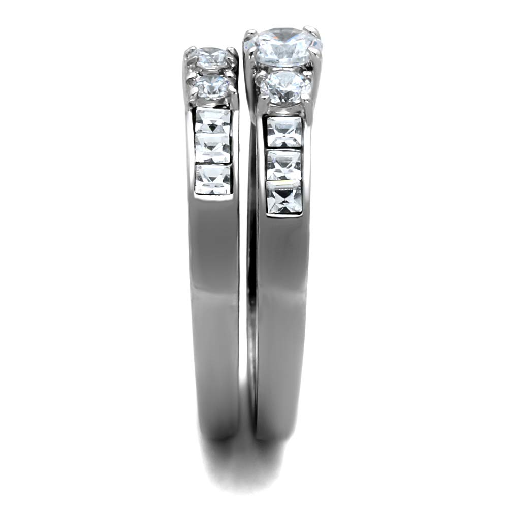 Lanyjewelry Three-Stone Type Brilliant CZ Stainless Steel Wedding Ring Set- Size 6