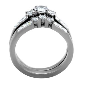 Lanyjewelry Three-Stone Type Brilliant CZ Stainless Steel Wedding Ring Set- Size 6