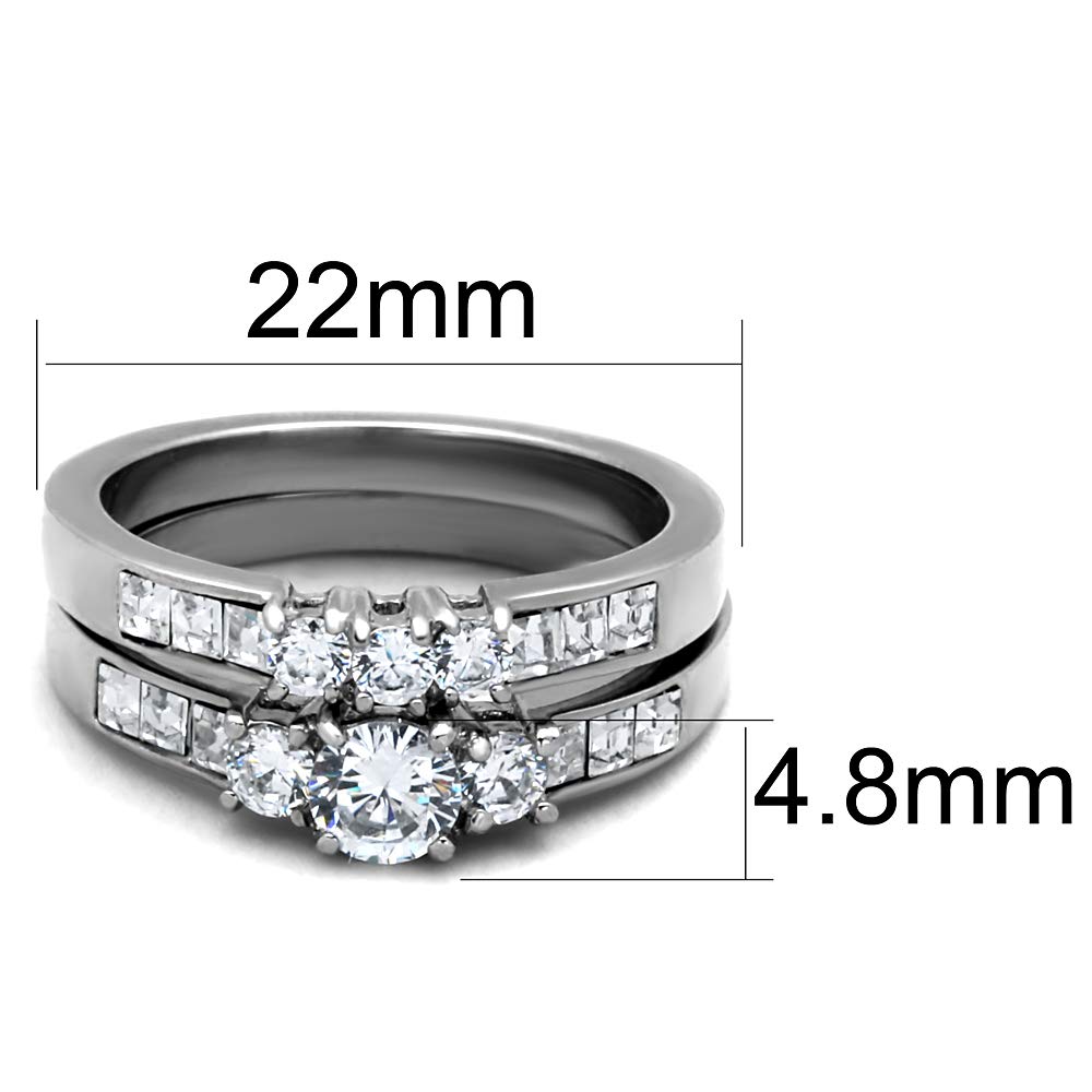 Lanyjewelry Three-Stone Type Brilliant CZ Stainless Steel Wedding Ring Set- Size 6